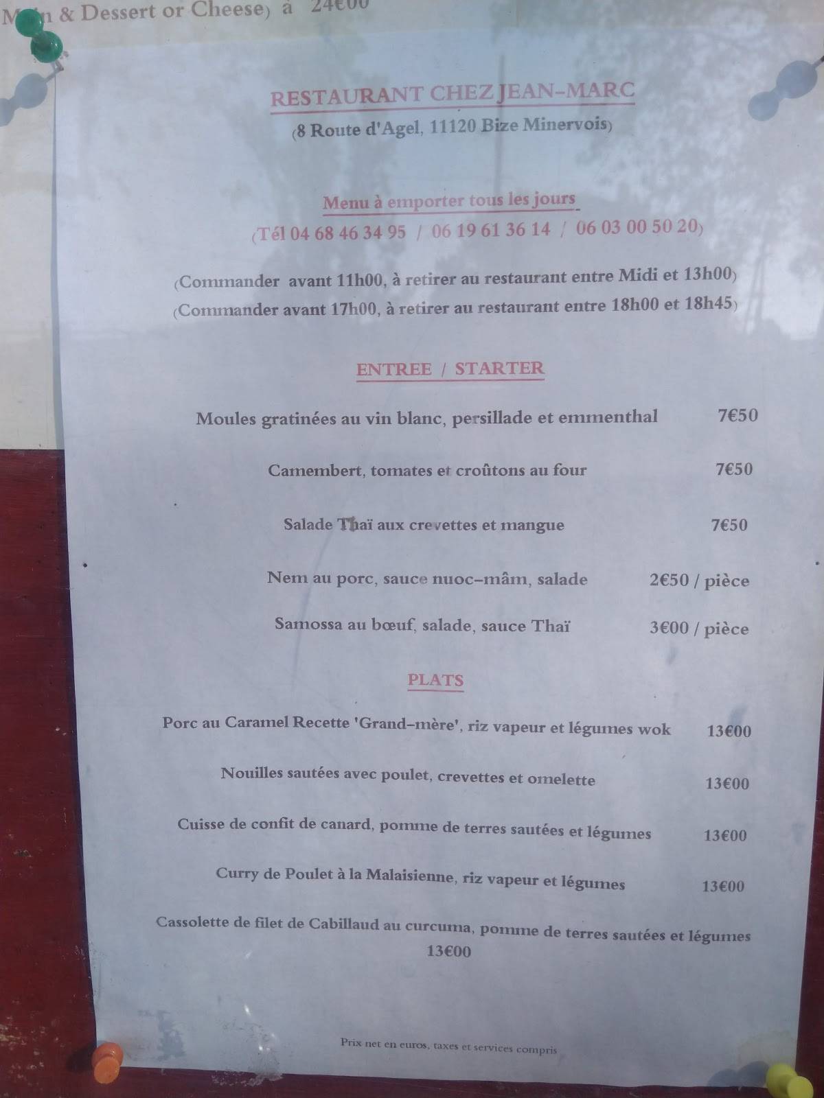 Menu au Restaurant Chez Jean-Marc, Bize-Minervois