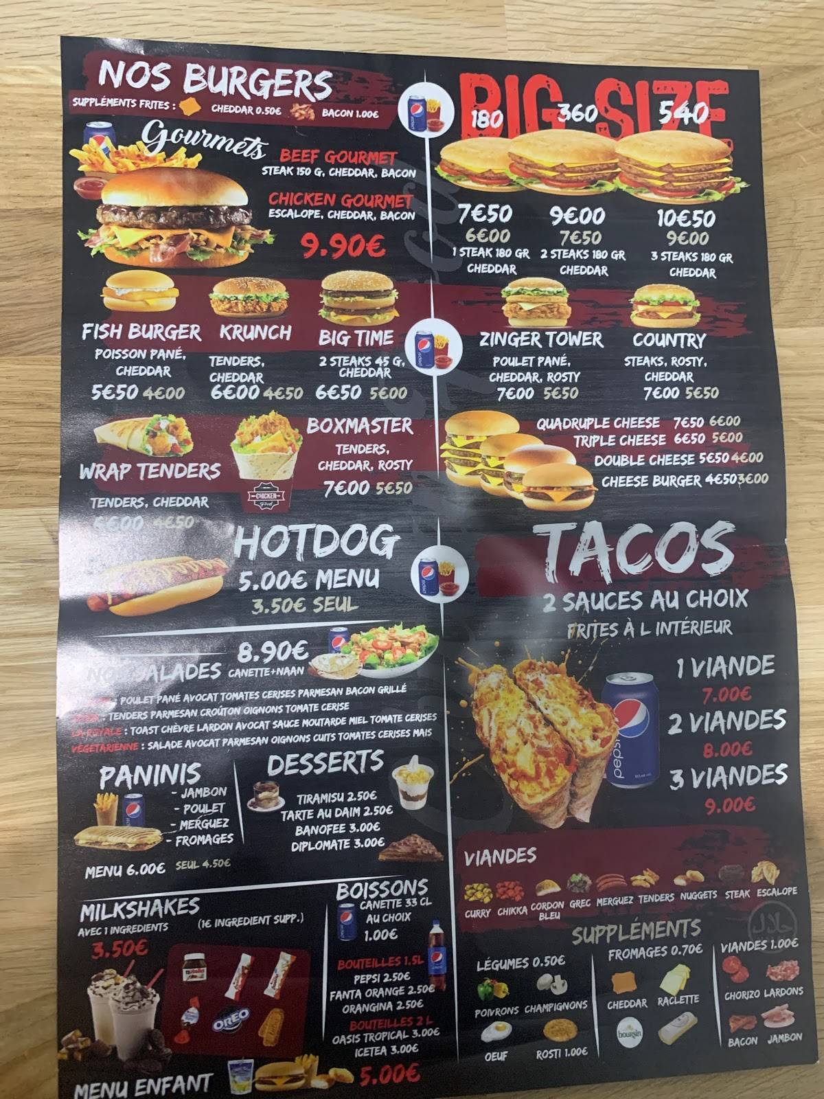 Menu au Chicken Food restaurant, Nemours