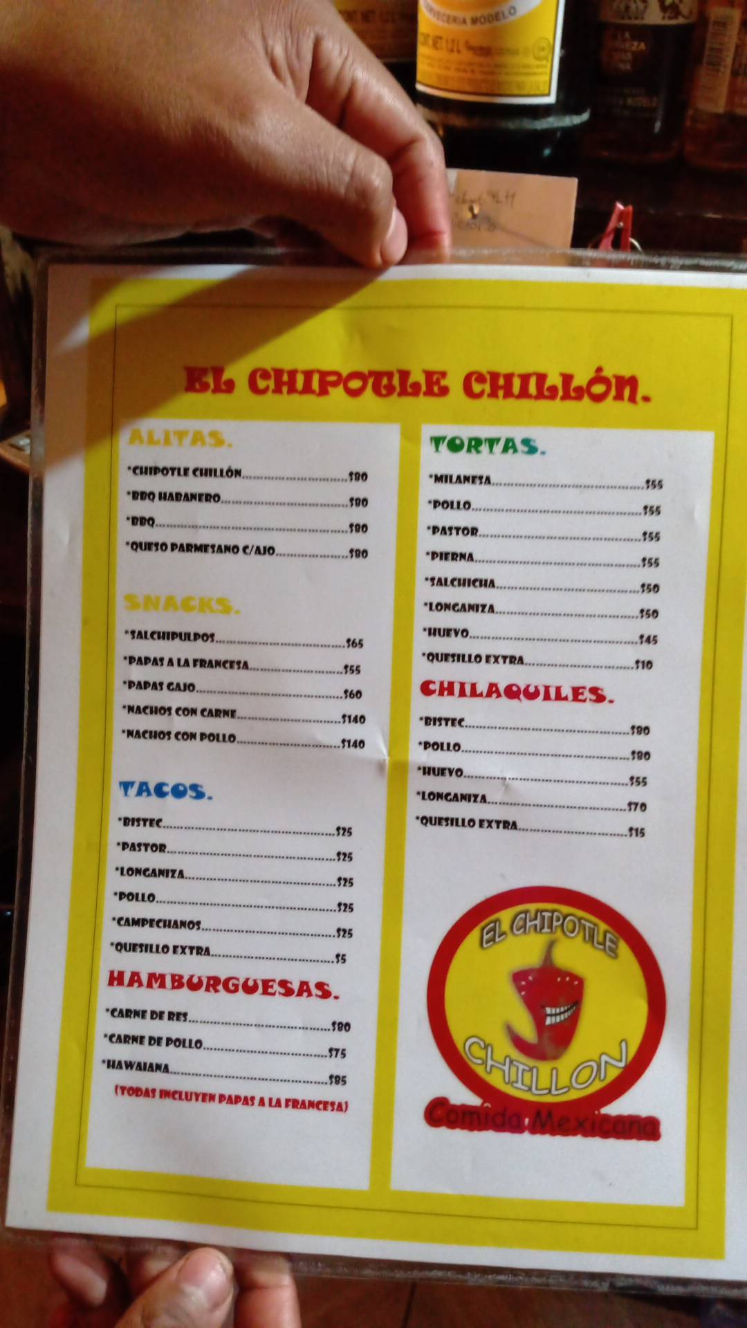 Carta del restaurante Chipotle chillón, Ciudad del México