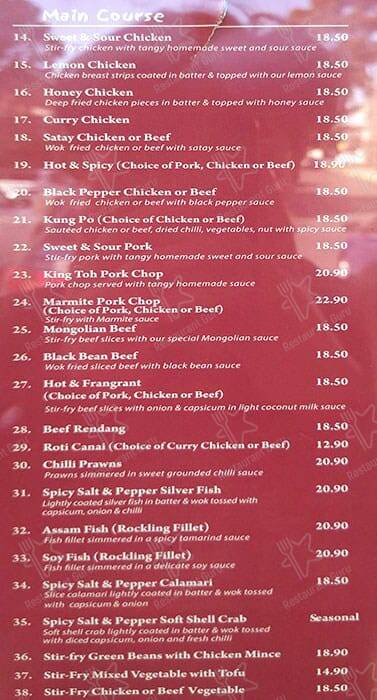 Menu at Cinta Raya Restaurant, Scoresby