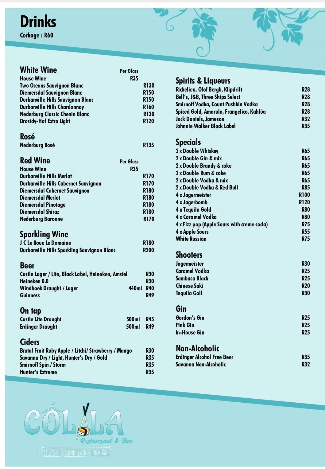 Menu at Colala restaurant & bar, Cape Town