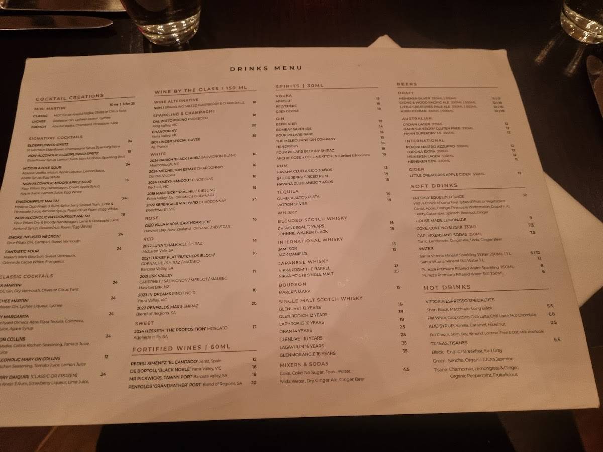 Menu at Collins Kitchen restaurant, Melbourne, 123 Collins St