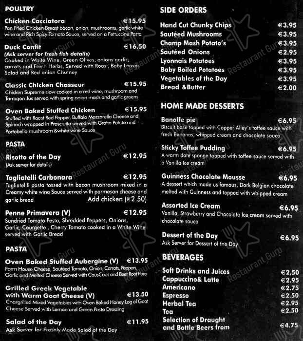Menu at Copper Alley Bistro restaurant, Dublin