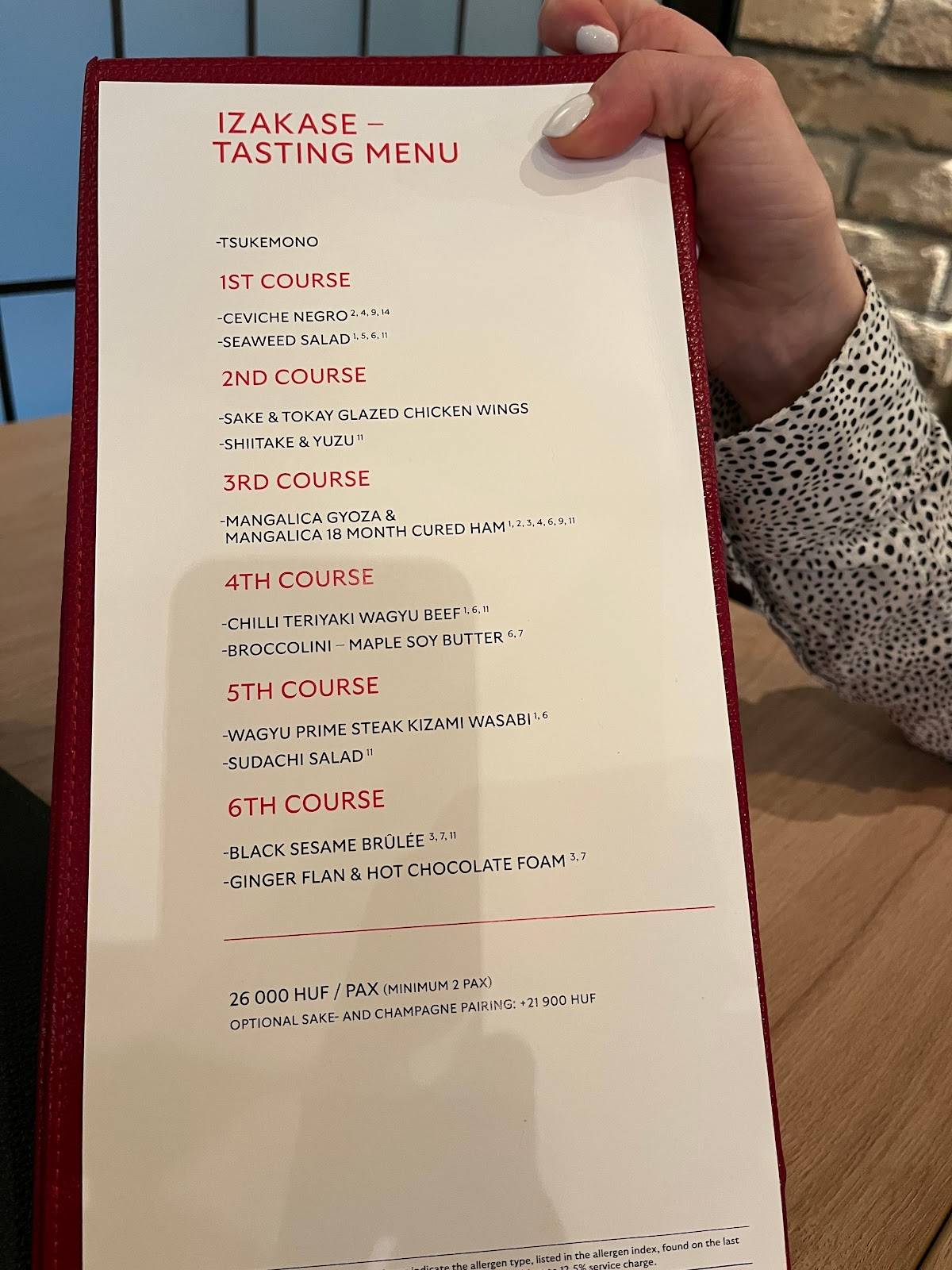 Menu at Costes Izakaya restaurant, Budapest