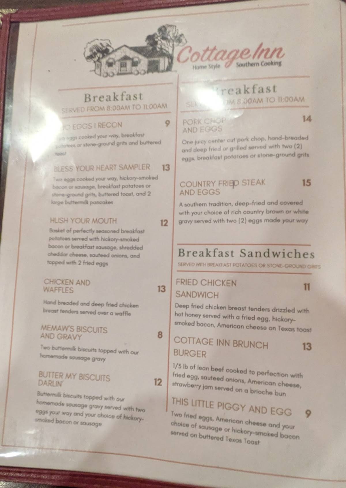 Menu at Cottage Inn restaurant, Louisville, 570 Eastern Pkwy