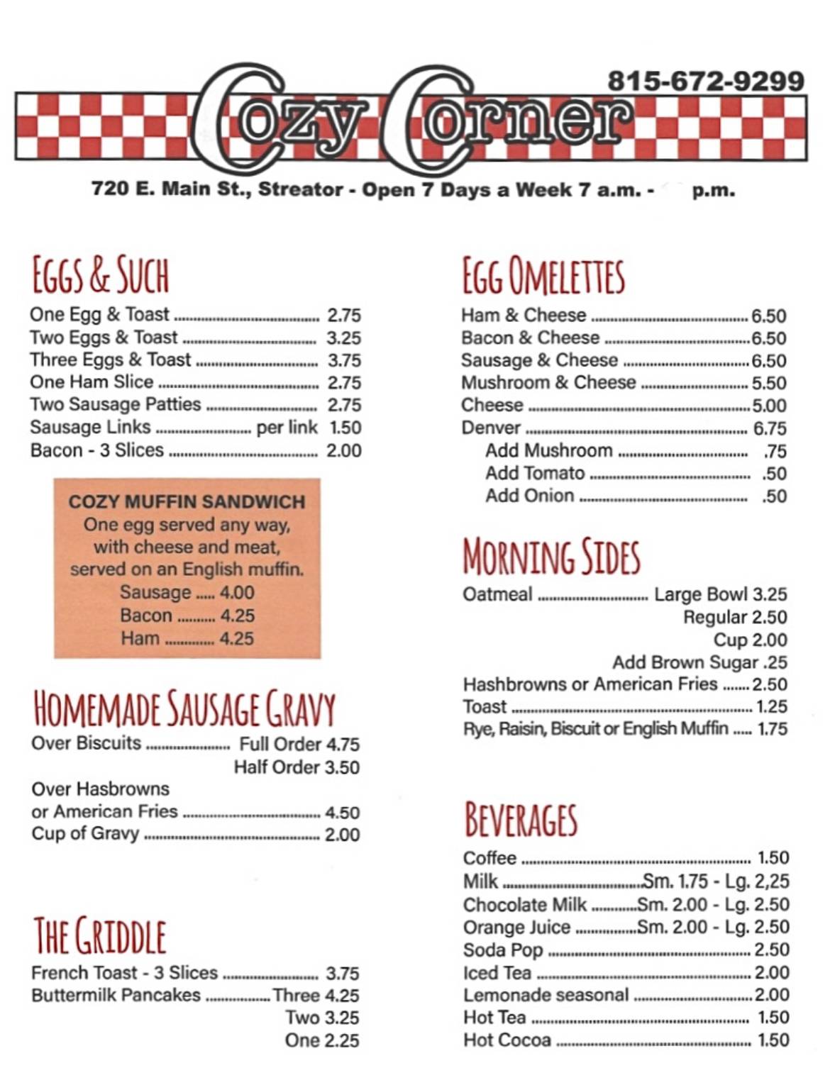 Menu at Cozy Corner Restaurant, Streator