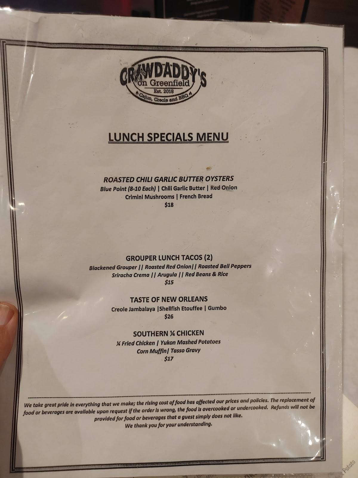 Menu at Crawdaddy's on Greenfield restaurant, West Allis, W Greenfield Ave