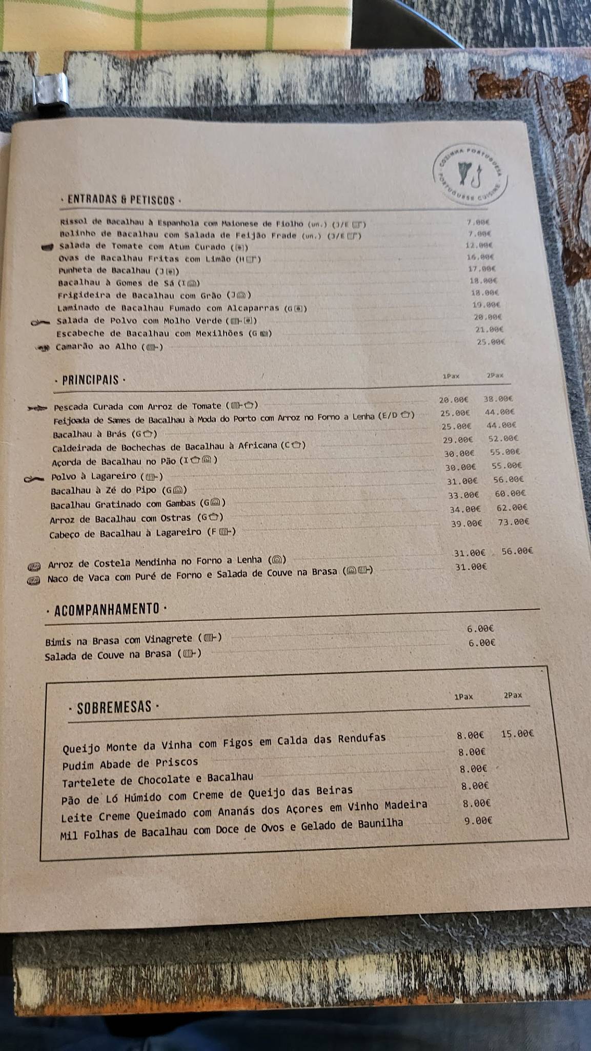 Menu em Culto ao Bacalhau restaurante, Porto