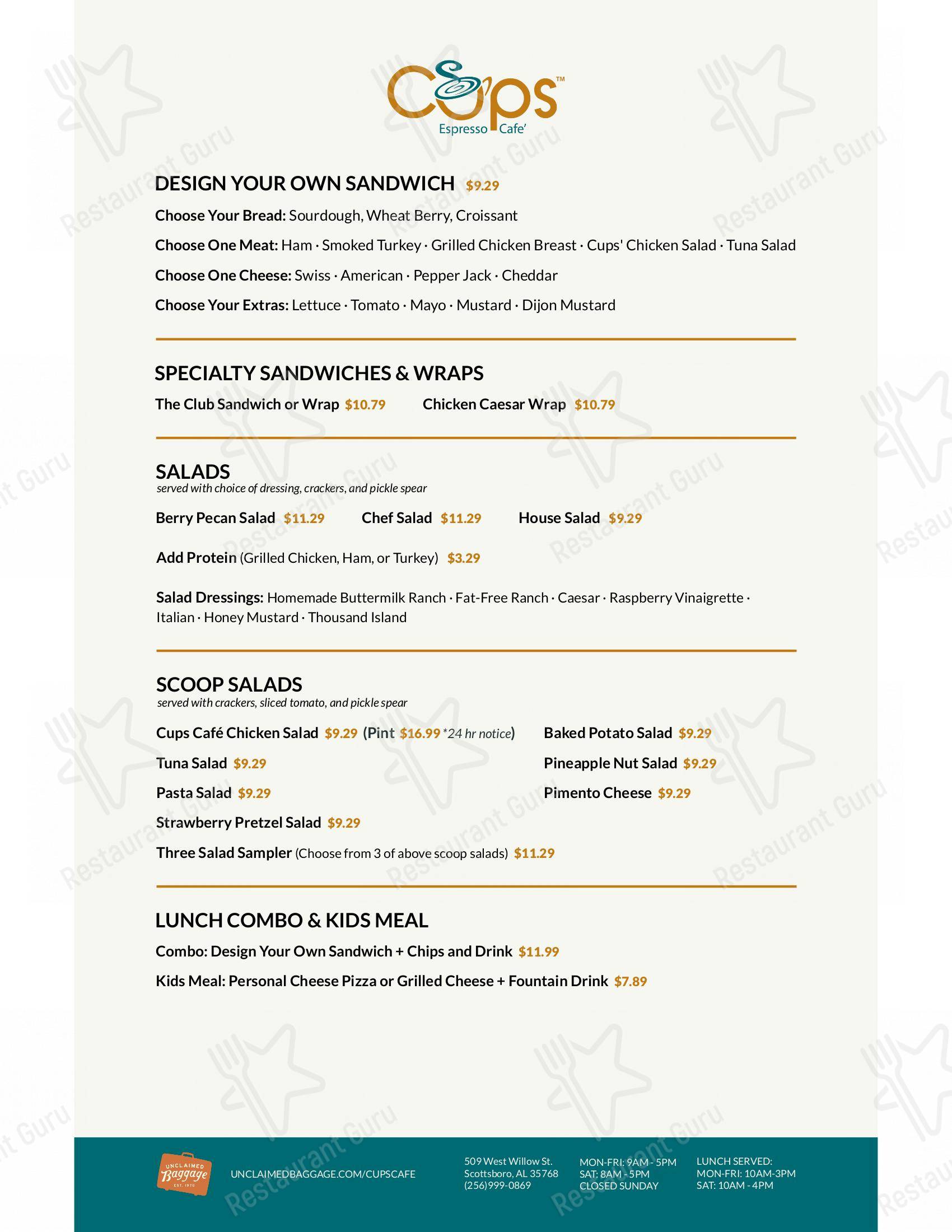 Menu at Cups Cafe, Scottsboro