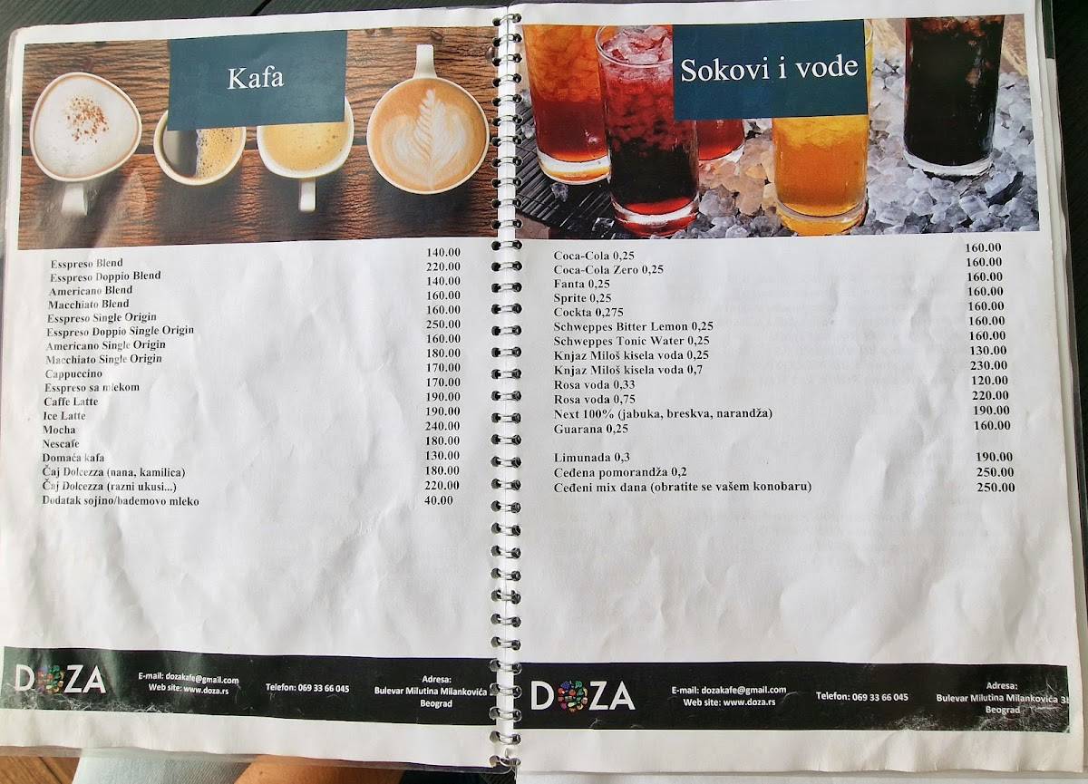 Menu at DOZA restaurant, Belgrade, Bulevar Milutina Milankovića 3b