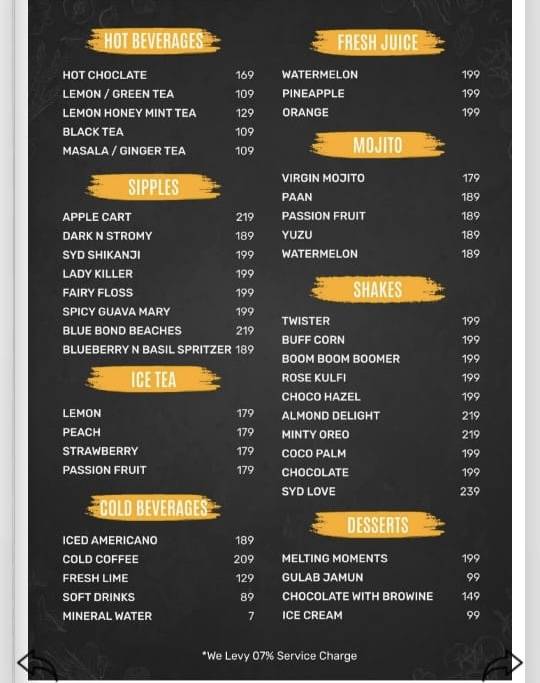 Menu at DWARKA SYD, New Delhi