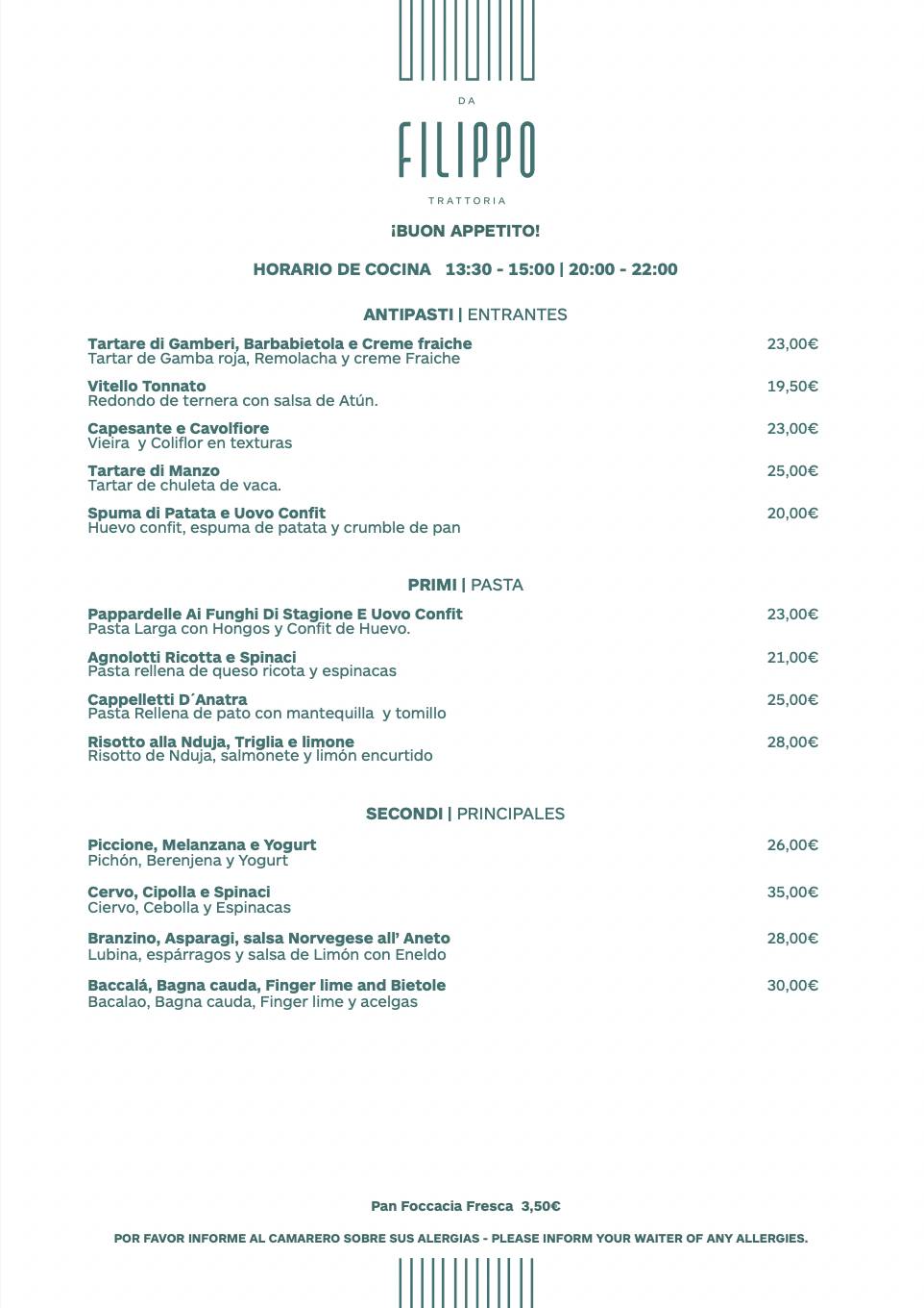 Menu at Da Filippo by Paulo Airaudo restaurant, San Sebastián, Prim Kalea