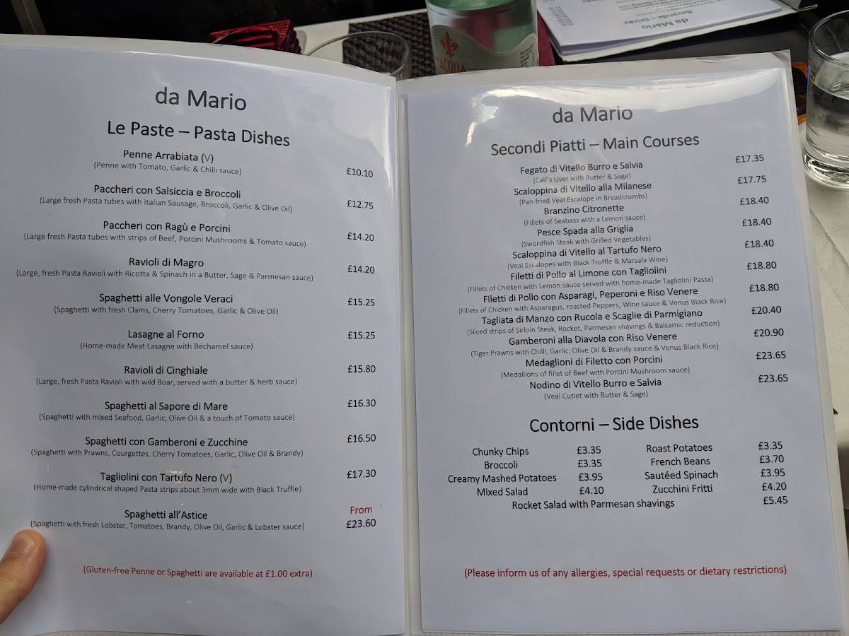 Menu at Da Mario Covent Garden restaurant, London, 63 Endell St