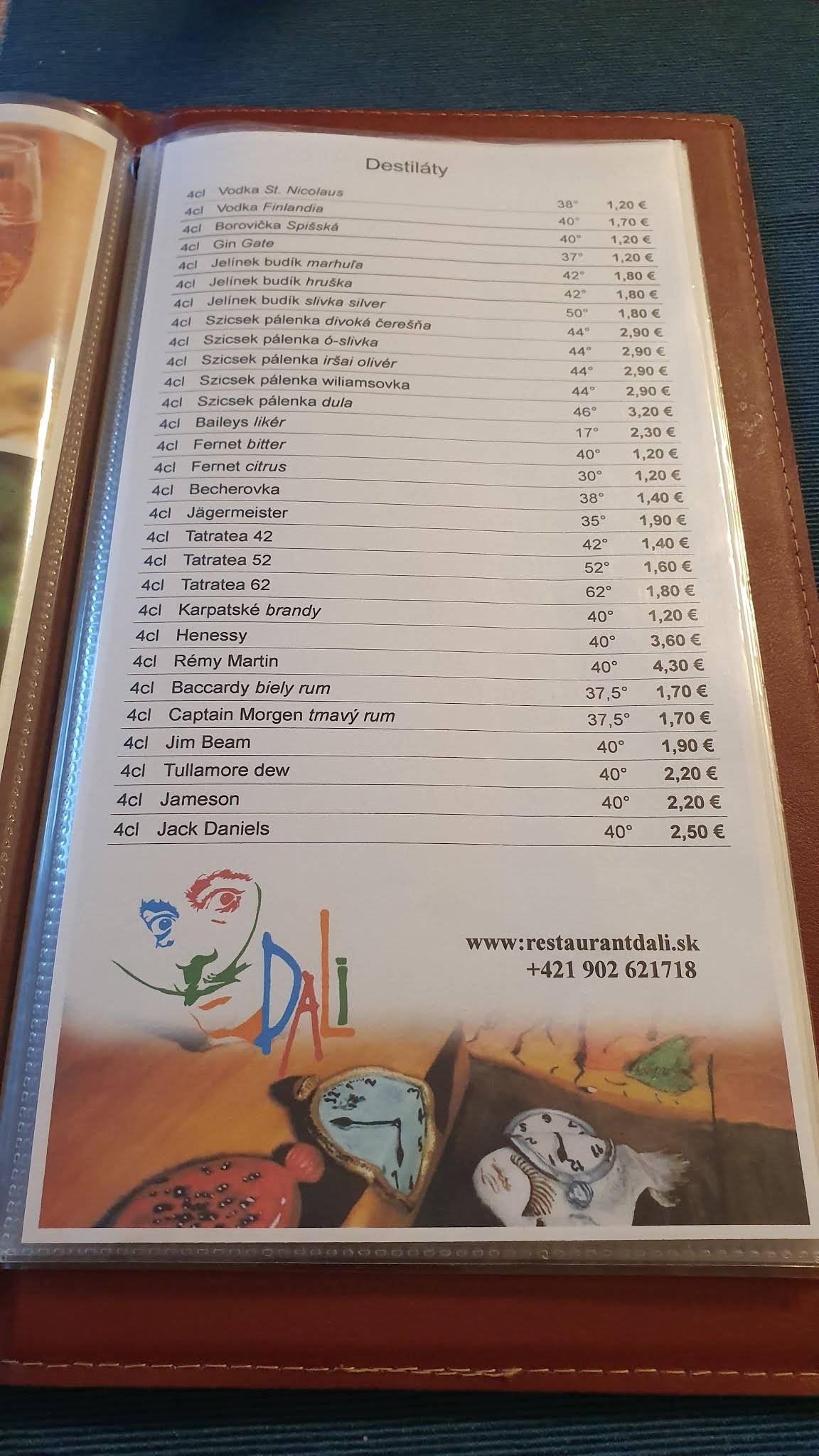 Menu at Dali restaurant, Štúrovo