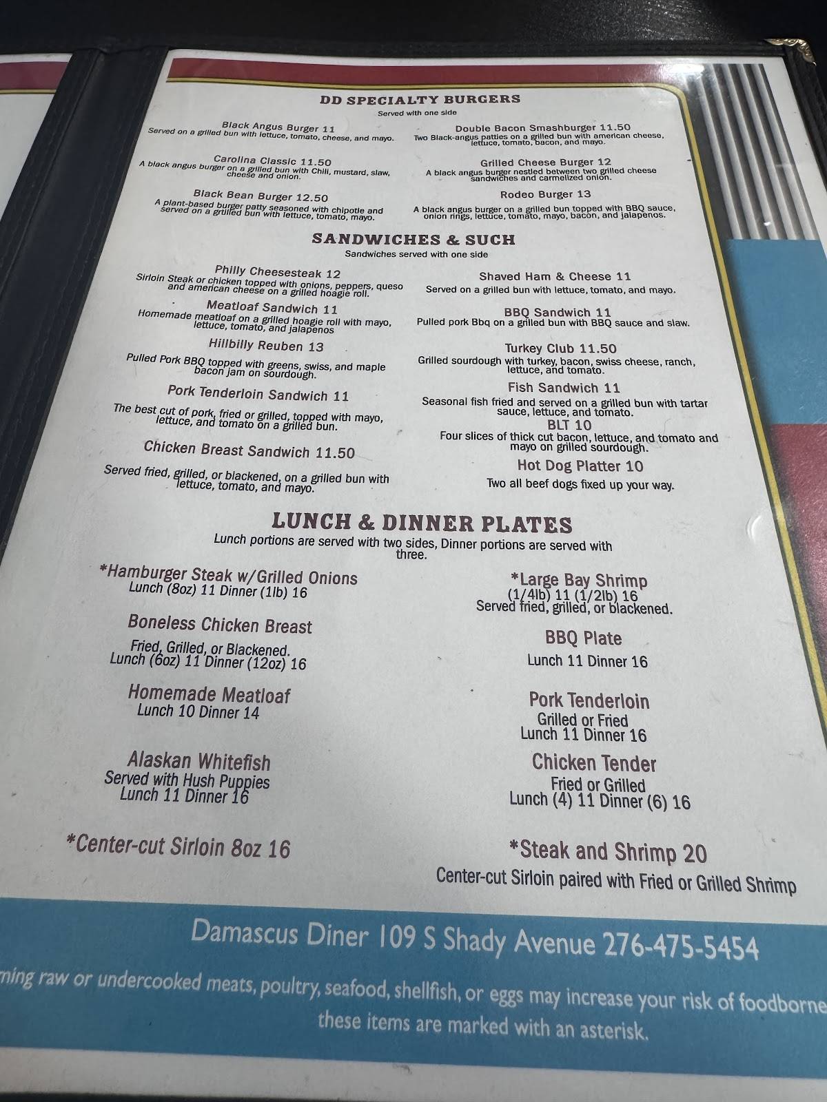 Menu at Damascus Diner restaurant, Damascus