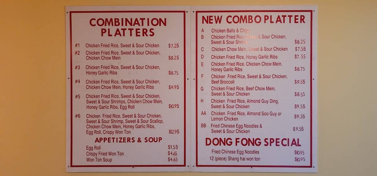 Menu at Dong Fong Restaurant, St. John's