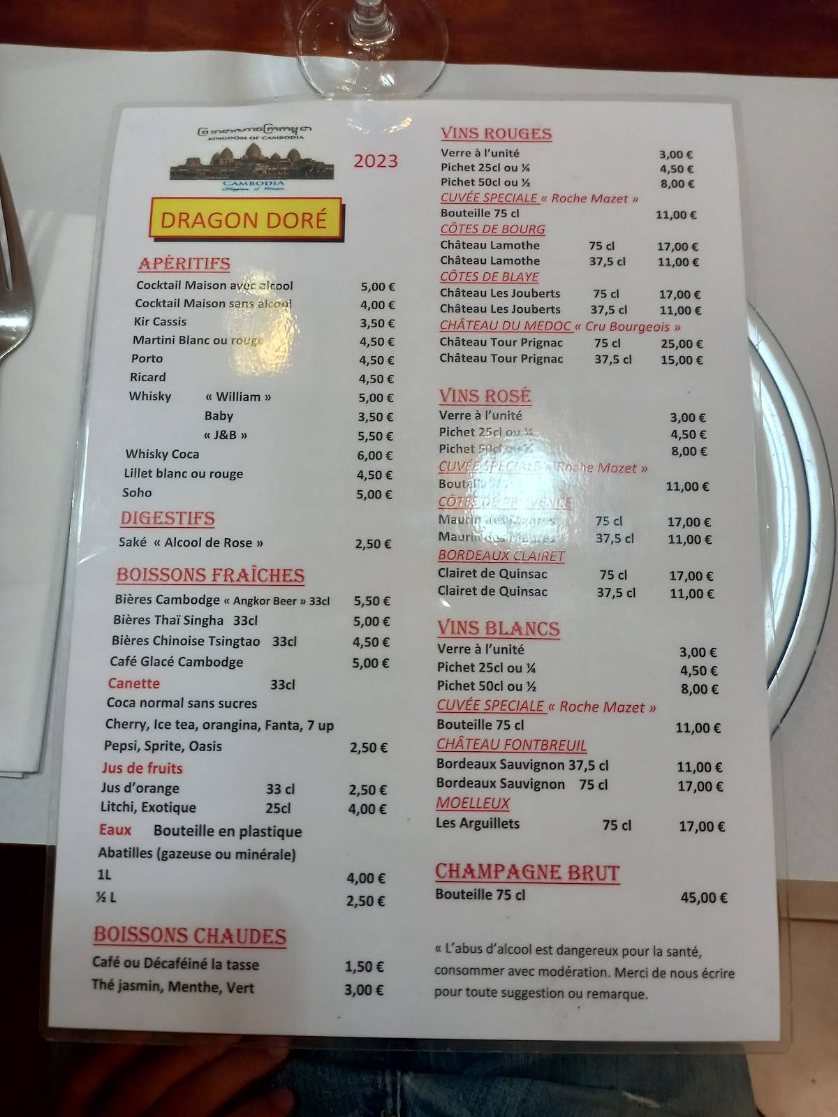 Menu au Dragon Doré restaurant, Bordeaux