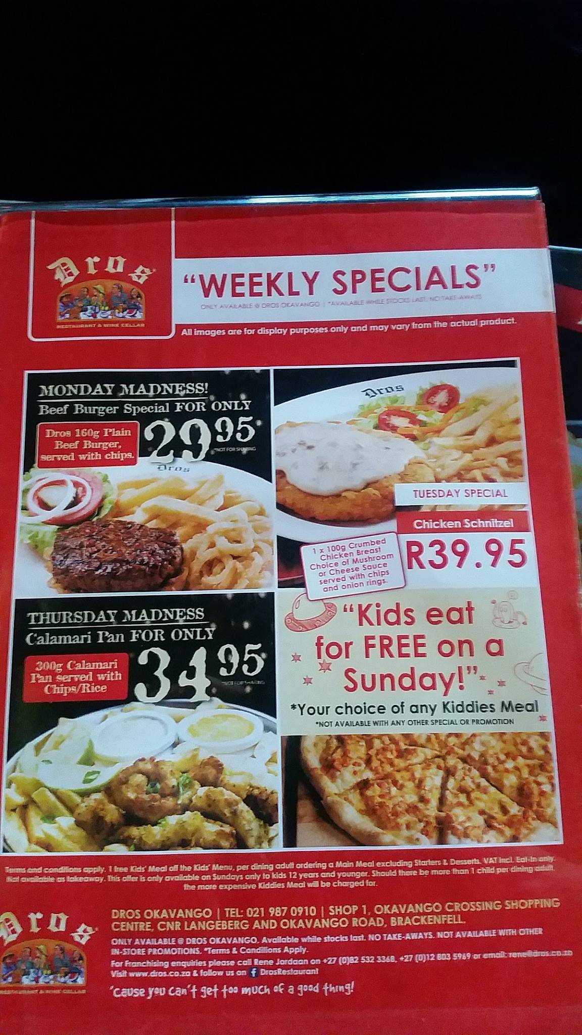 Menu at Dros Okavango restaurant, Cape Town, Okavango Crossing Shopping ...