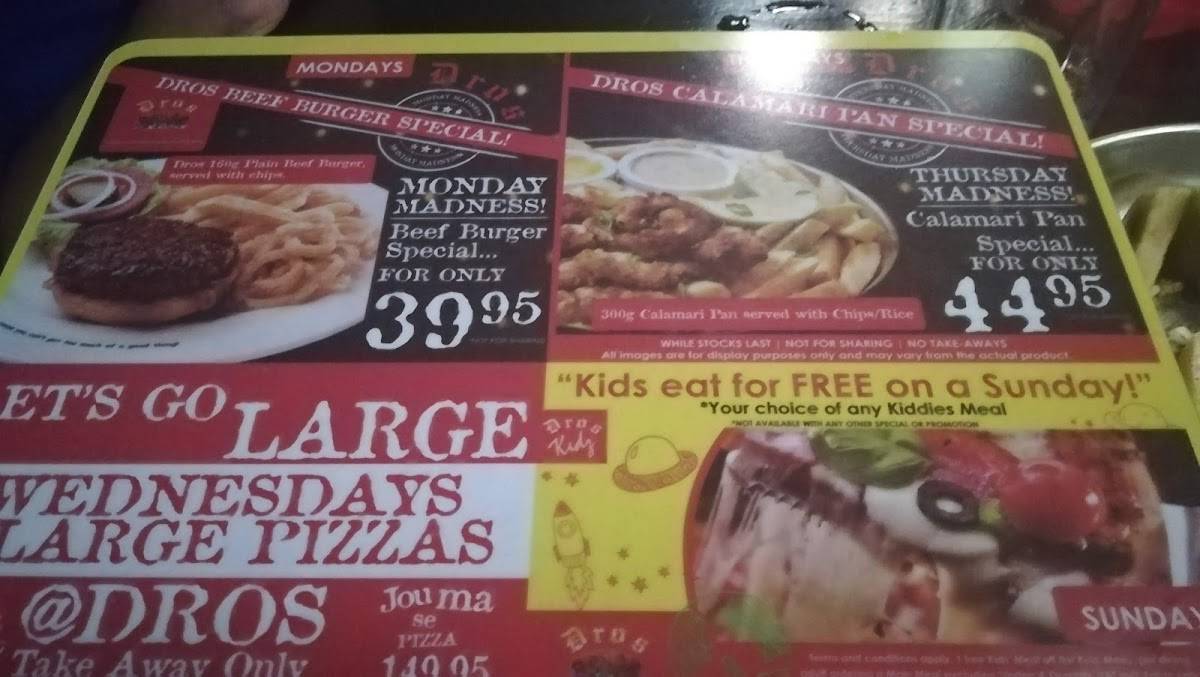 Menu at Dros Okavango restaurant, Cape Town, Okavango Crossing Shopping ...