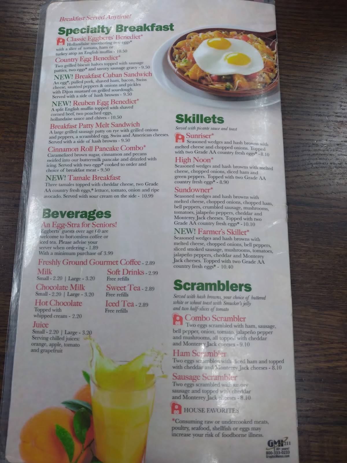 Menu at Eggbert's restaurant, Claremore, 900 S Lynn Riggs Blvd
