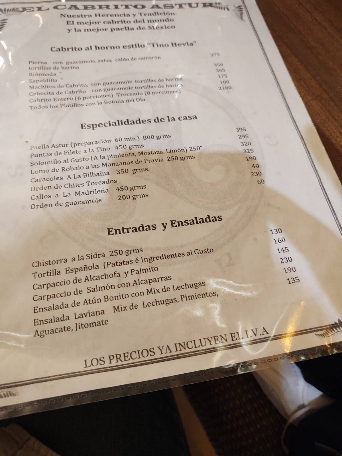 Menu at El Cabrito Astur restaurant, Mexico City