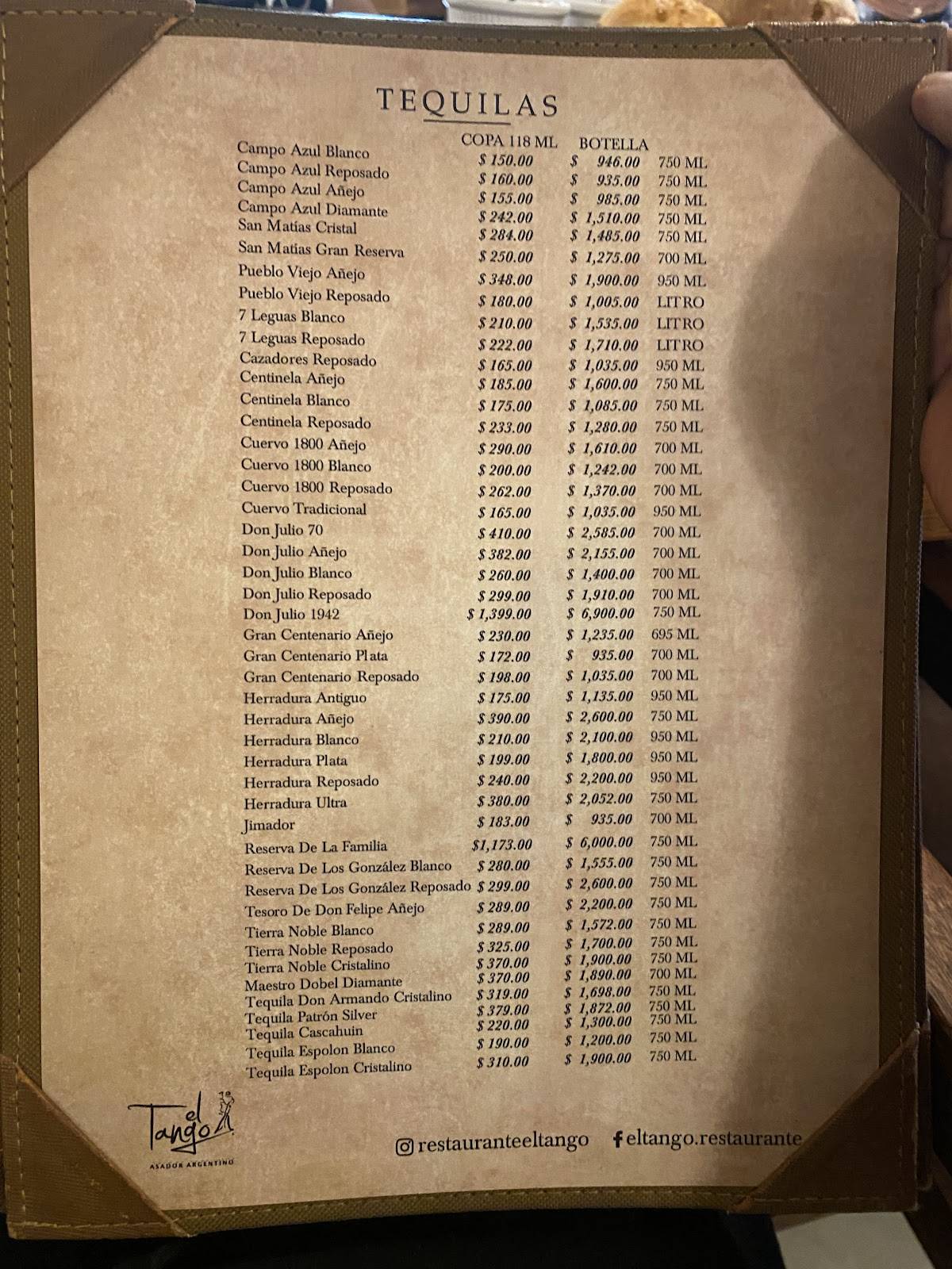 Carta del restaurante El Tango, Zapopan