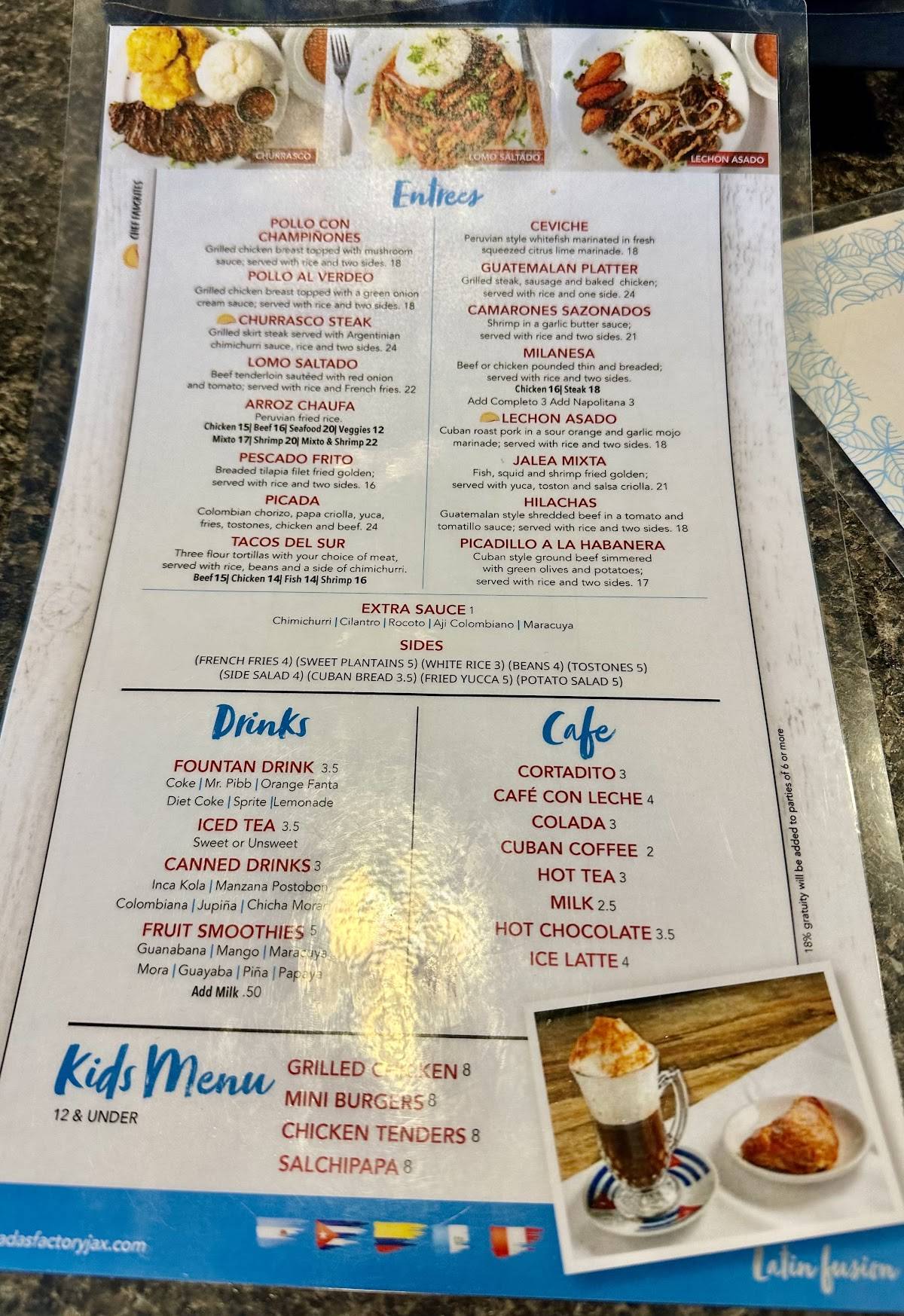 Menu at Empanada’s Factory Latin Fusion restaurant, Jacksonville
