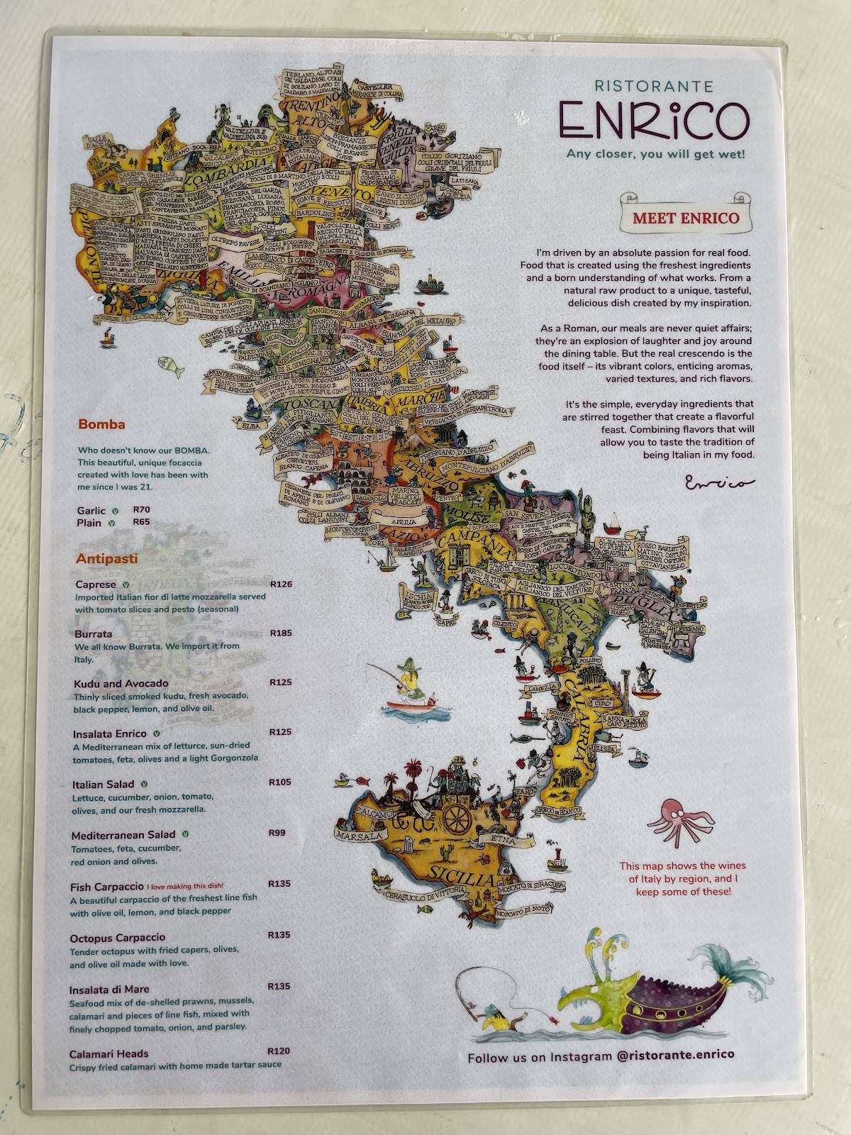 Menu at Enrico Ristorante restaurant, Keurboomstrand