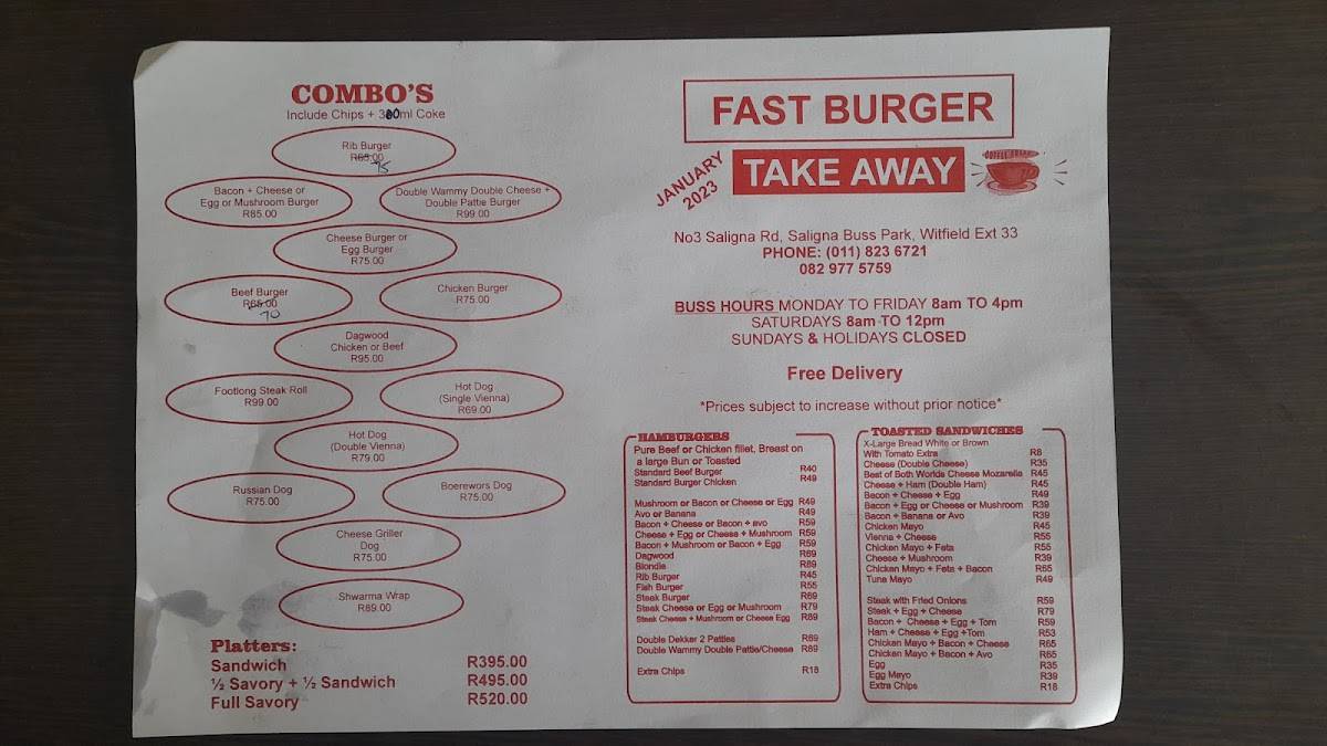 Menu at Fast Burger restaurant, Boksburg