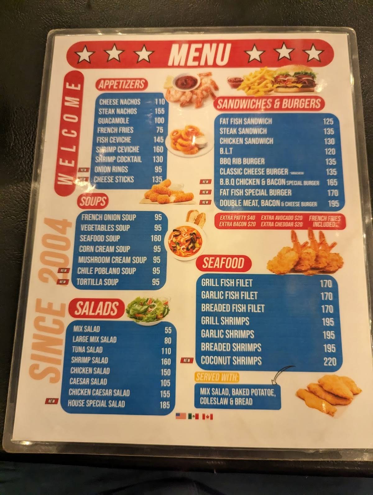 Menu at Fat Fish restaurant, Mazatlán