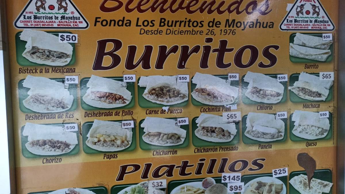 Carta del restaurante Fonda Los Burritos del Moyahua, Moyahua del Estrada
