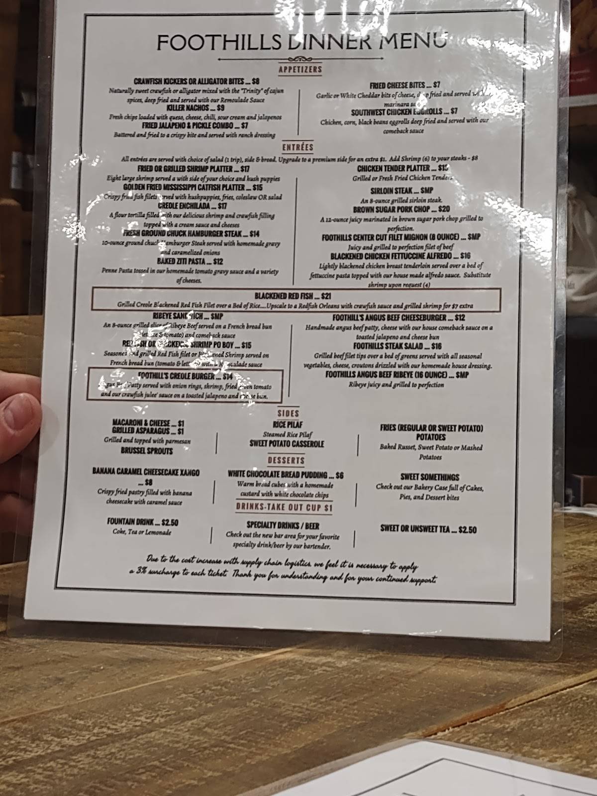 Menu at Foothills Diner restaurant, Forest