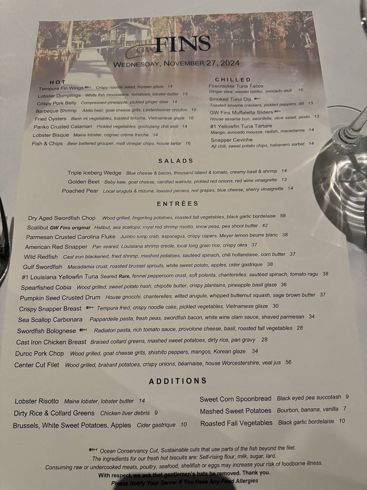 Menu at GW Fins restaurant, New Orleans