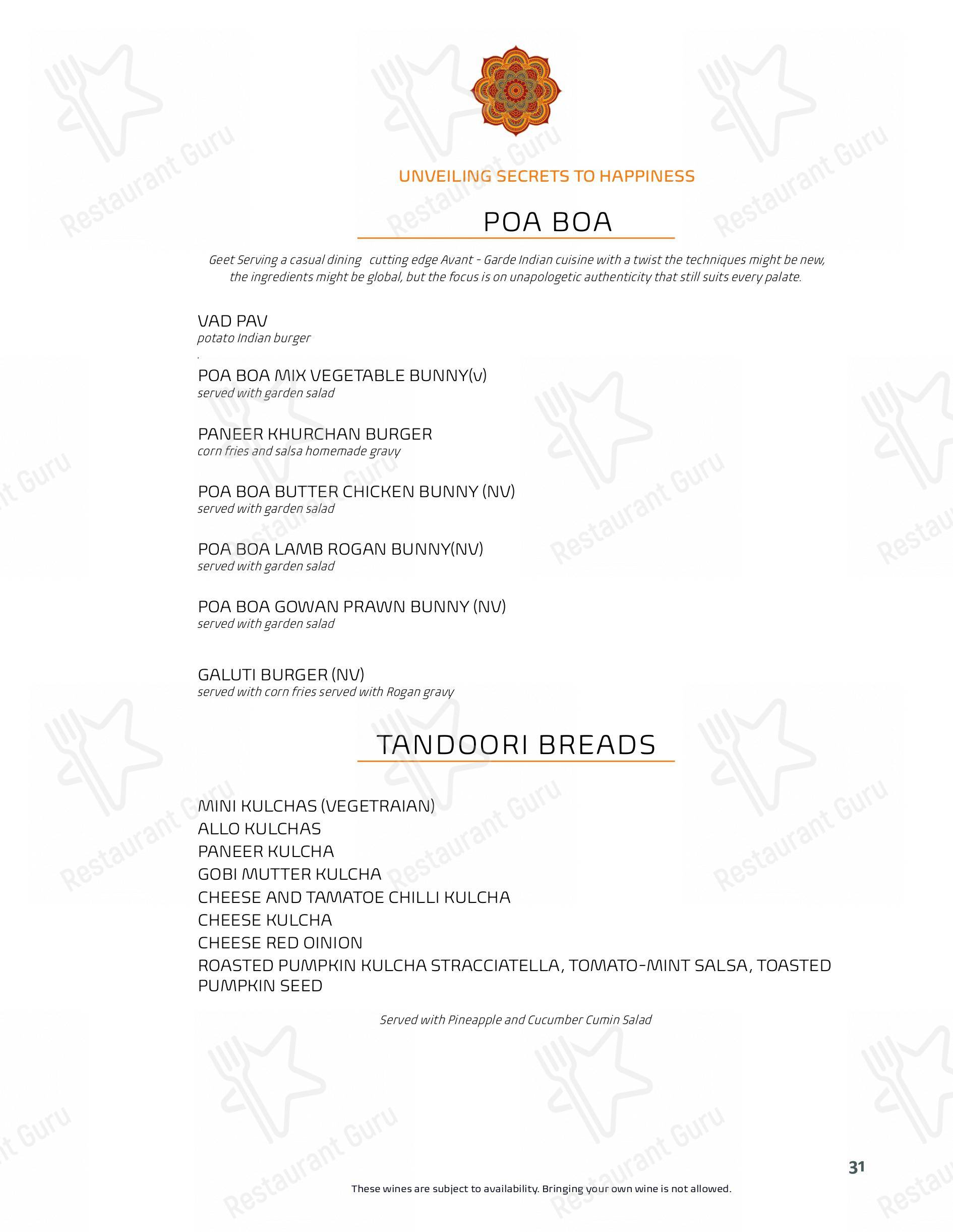 Menu at Geet Indian Restaurant, Pretoria