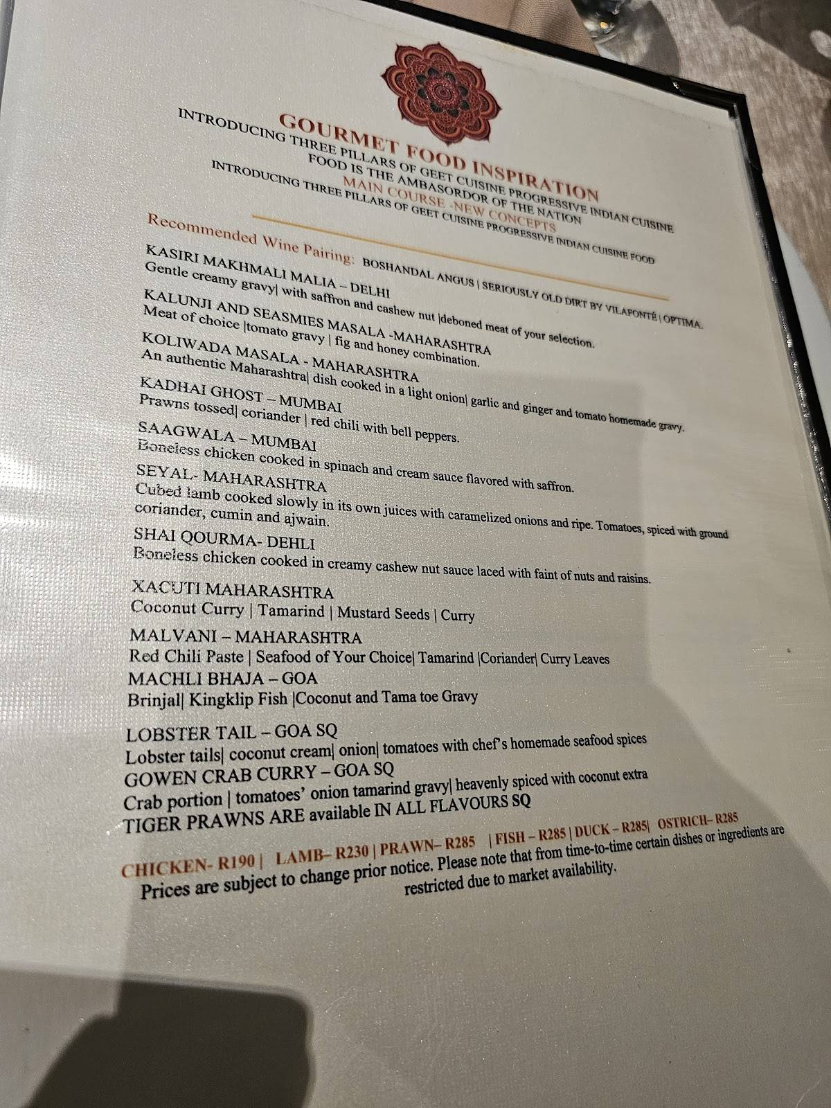Menu at Geet Indian Restaurant, Pretoria