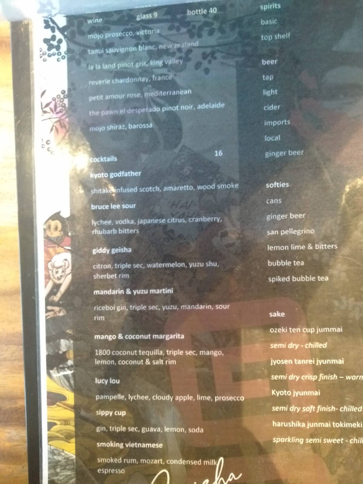 Menu at Giddy Geisha restaurant, Maroochydore
