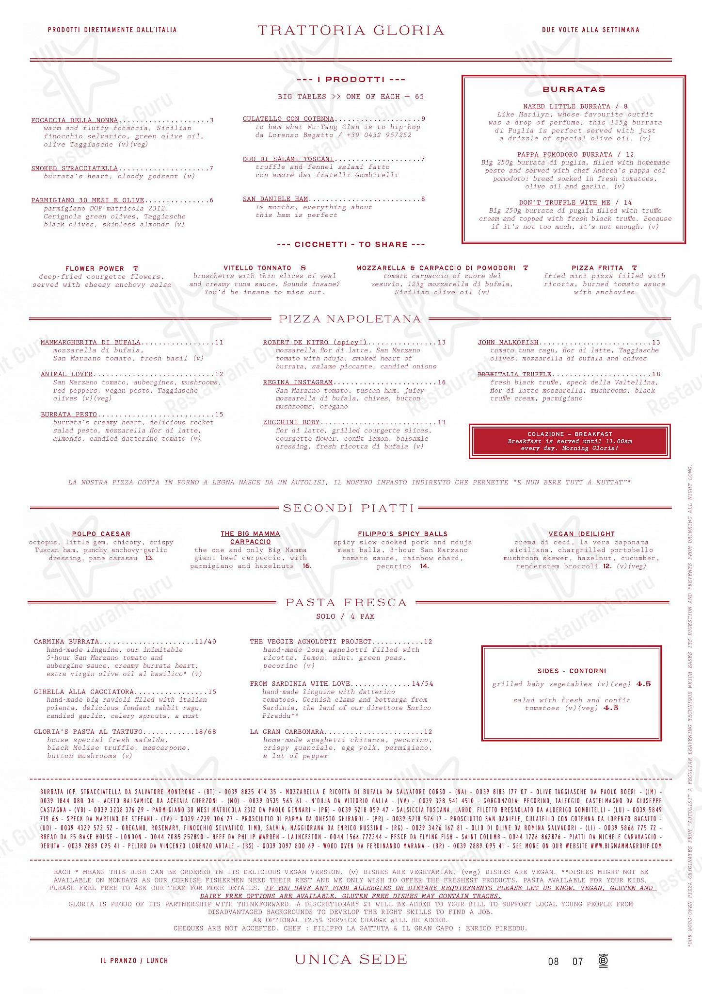 Menu at Gloria restaurant, London, 54-56 Great Eastern St
