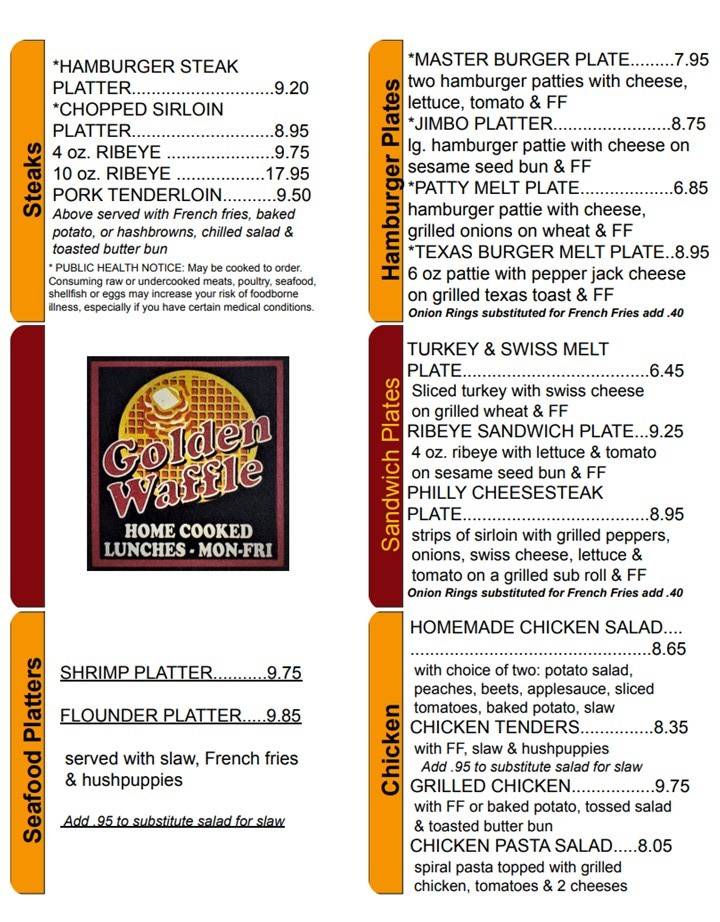 Menu at Golden Waffle restaurant, Asheboro