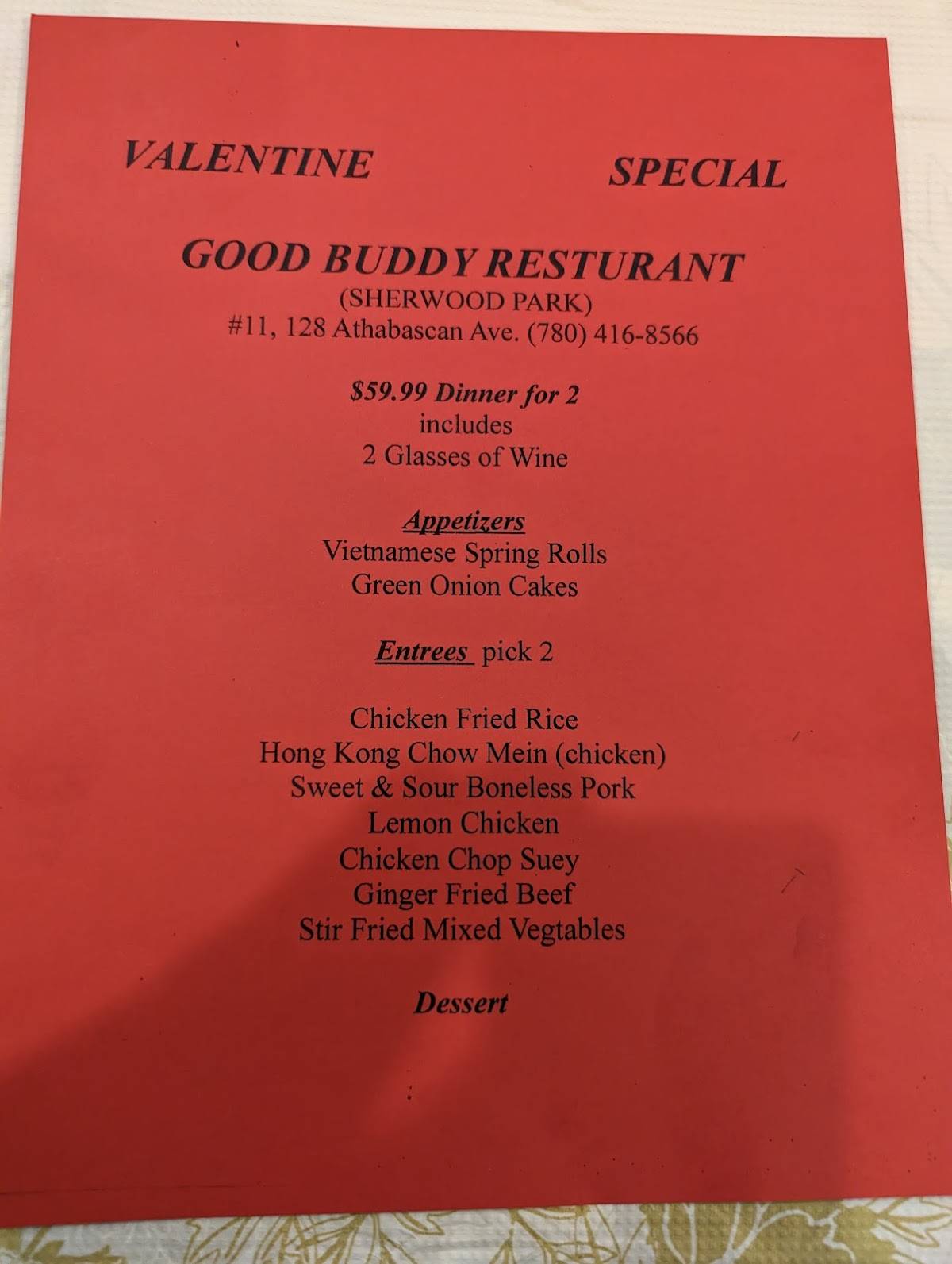 Menu at Good Buddy Restaurant, Sherwood Park
