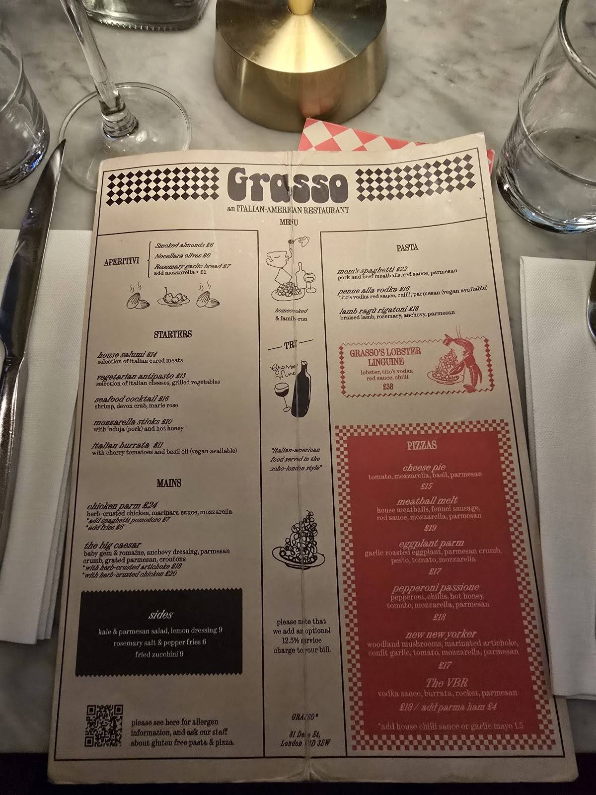 Menu w Grasso restauracja, Londyn
