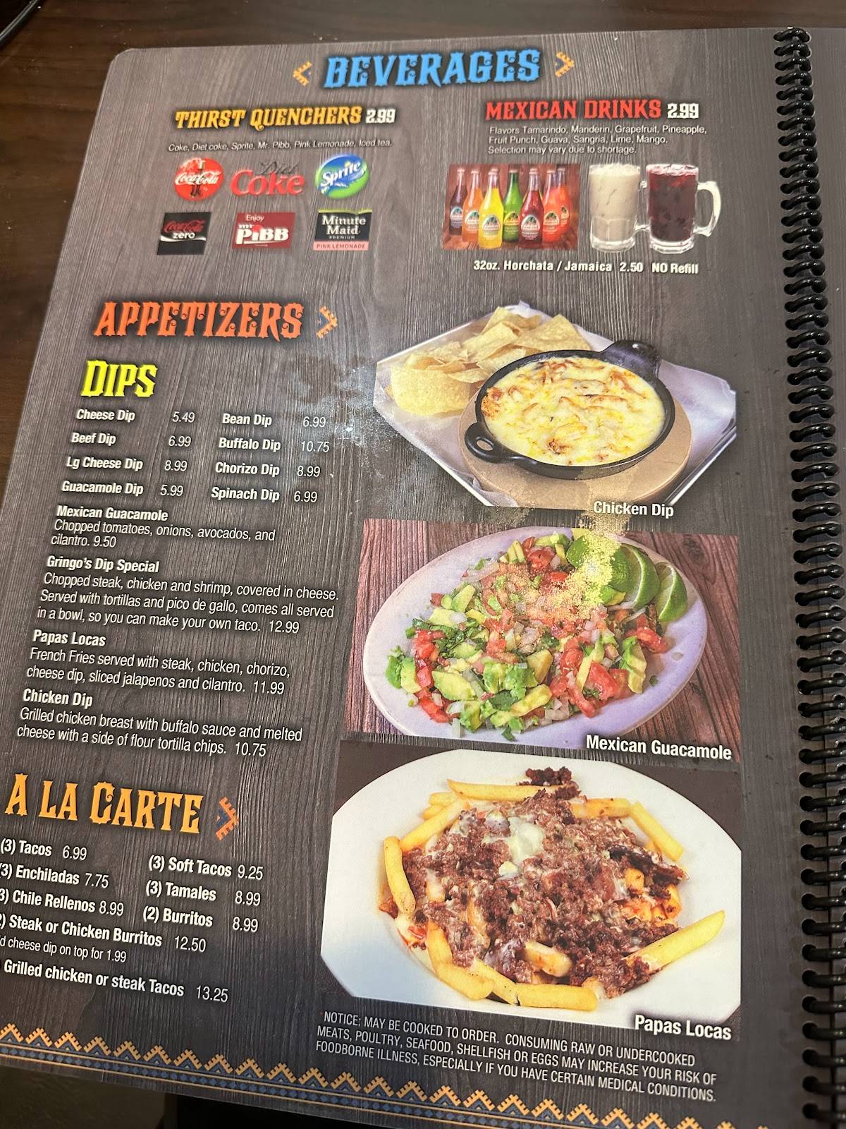 Menu at Gringo's Mexican Grill restaurant, Jefferson