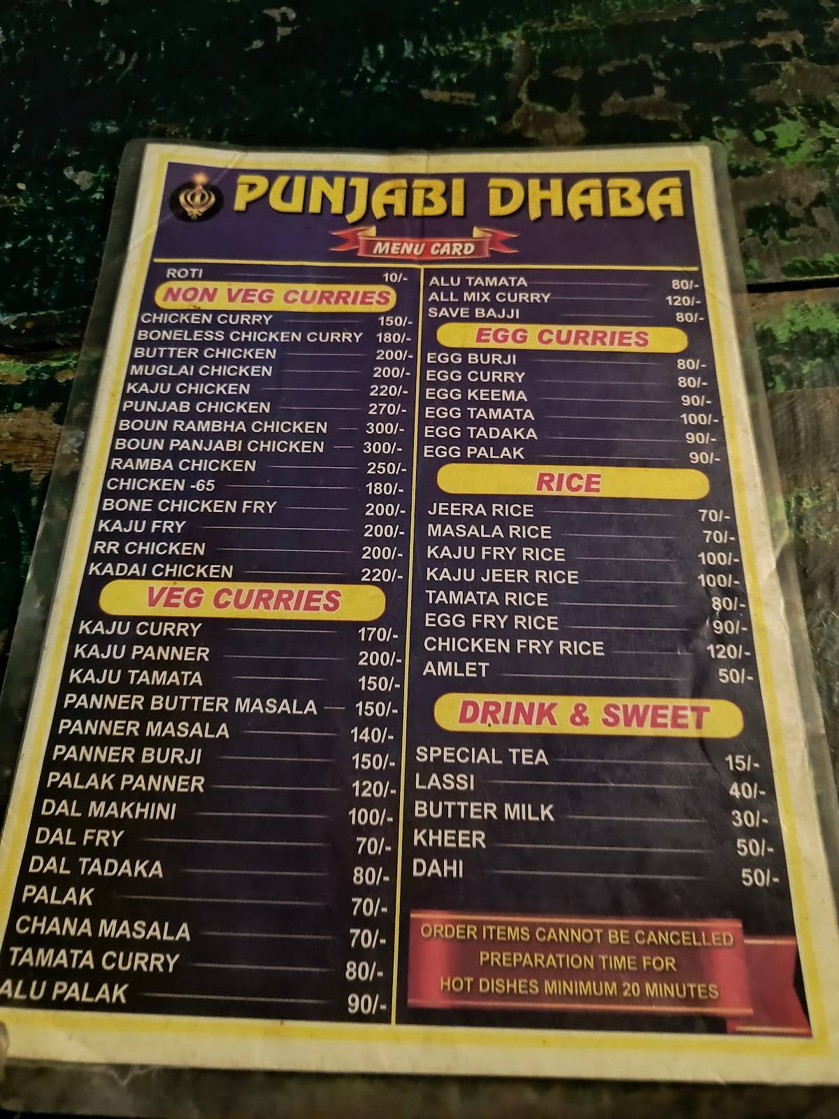 Menu at Gunndrampally Punjabi Dhaba, India, 6XHX+XR6