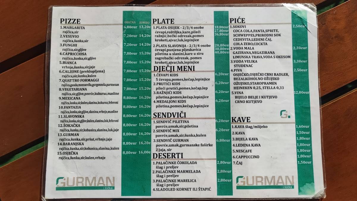 Menu at Restaurant Gurman, Osijek