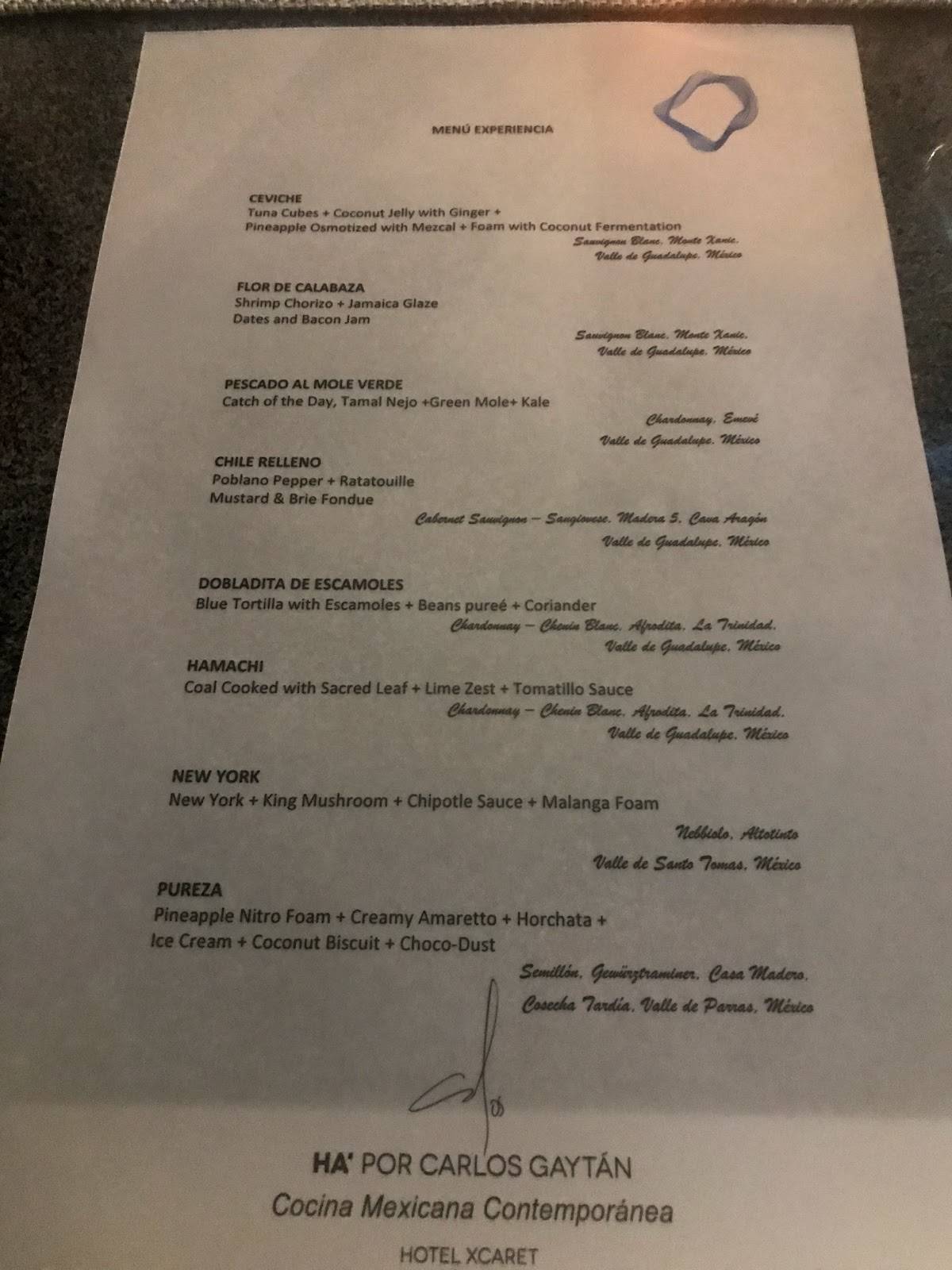 Carta de Ha - Restaurante Hotel Xcaret, Playa del Carmen