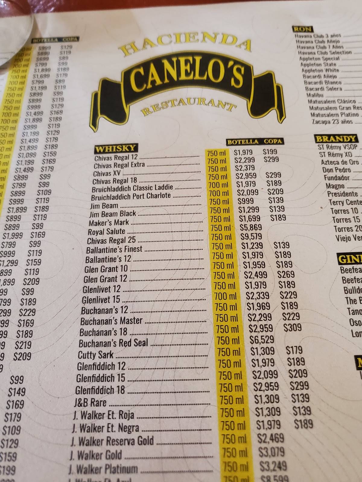 Carta del restaurante Hacienda Canelos, Zapopan