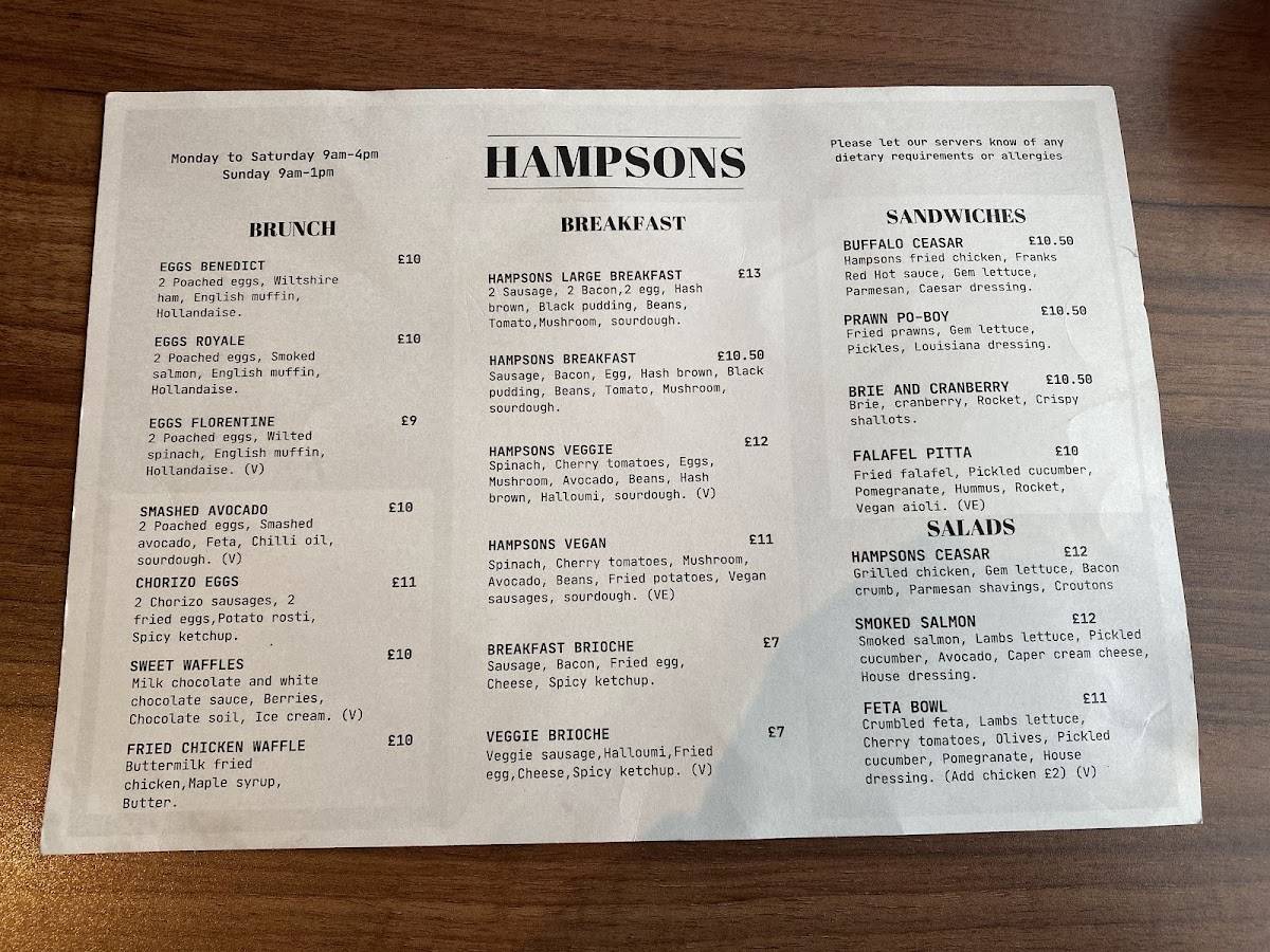 Menu at Hampsons Waterloo restaurant, Liverpool