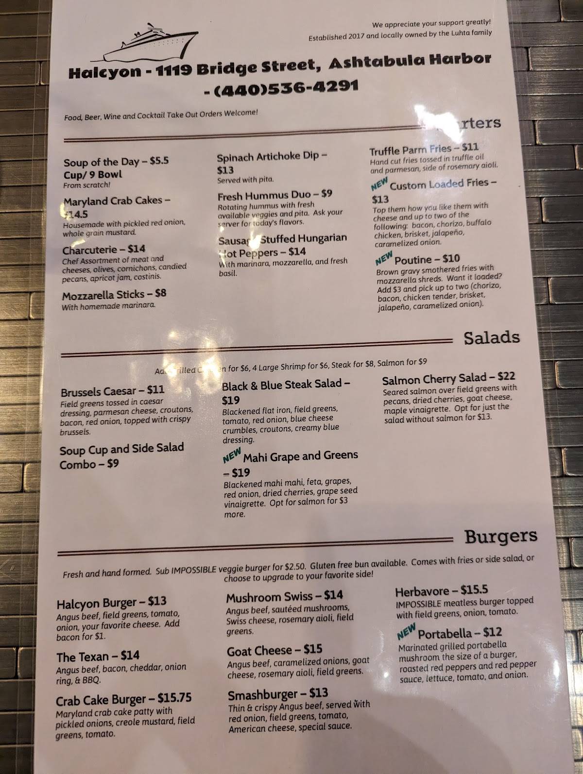 Menu at Harbor Halcyon restaurant, Ashtabula
