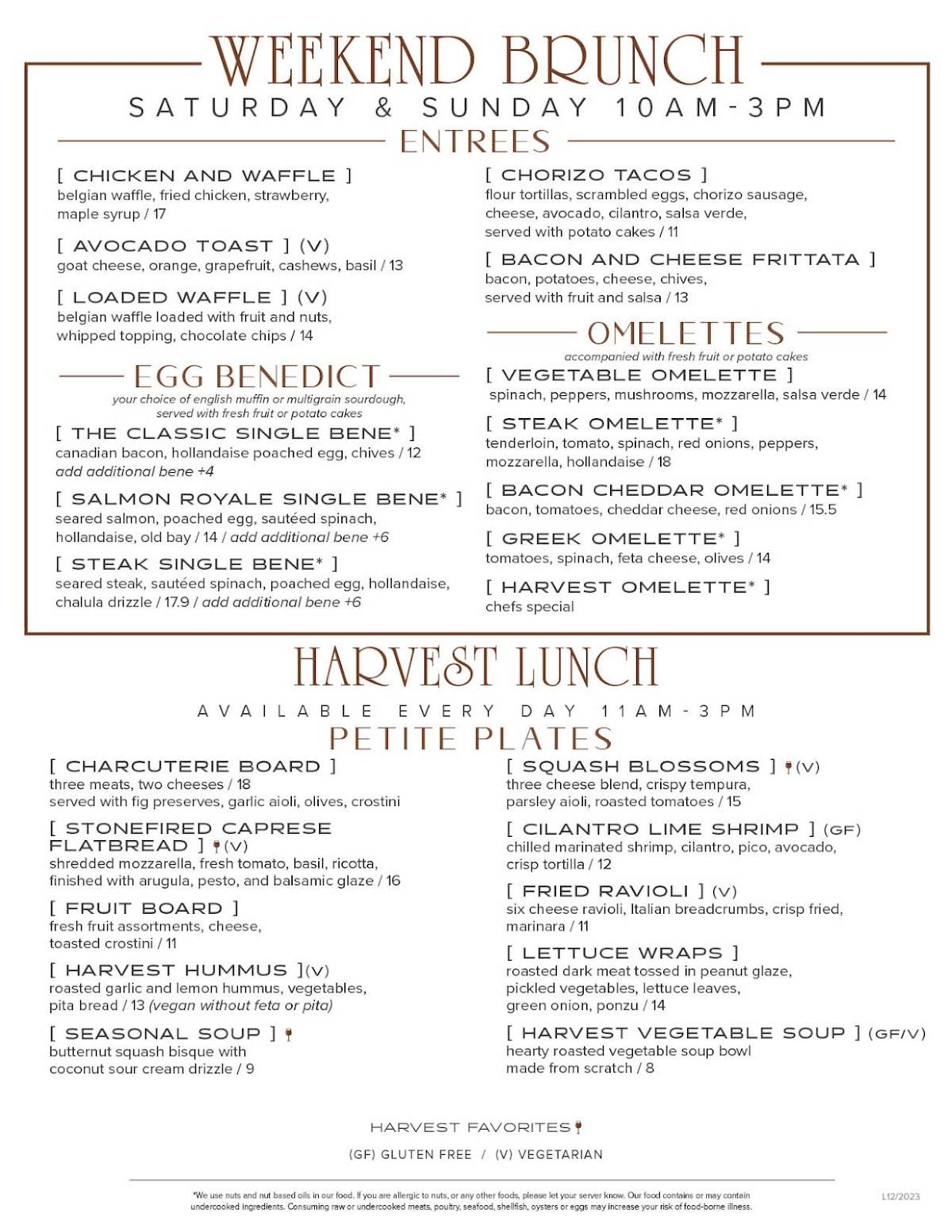 Menu at Harvest Restaurant & Bar, The Villages