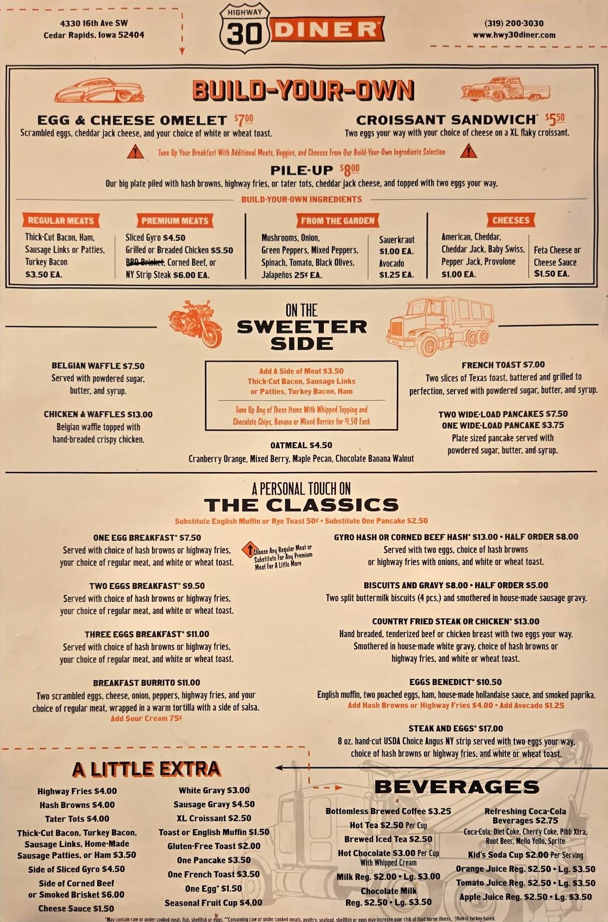 Menu at Highway 30 DIner restaurant, Cedar Rapids