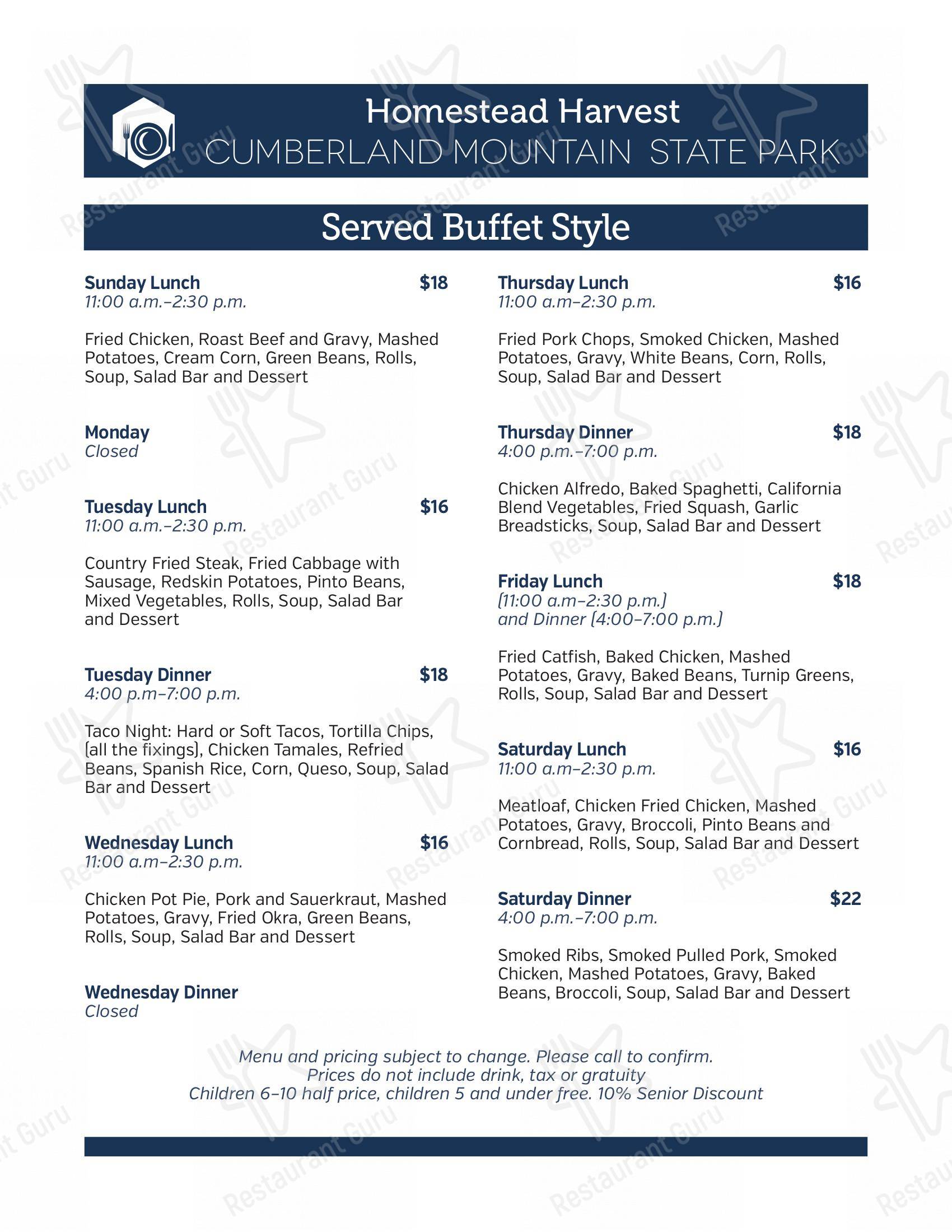 Menu at Homestead Harvest Restaurant, Crossville